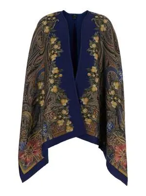 Etro Blue Cape With Paisley Motif And All-over Floral Print In Blend Wool For - Multicolor