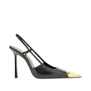 Saint Laurent Jeanne Nappa Leather Slingback Pumps With Gold Hammered Metal Toe - Black