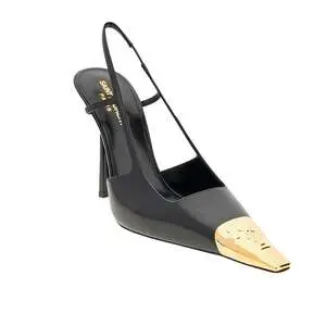 Saint Laurent Jeanne Nappa Leather Slingback Pumps With Gold Hammered Metal Toe - Black