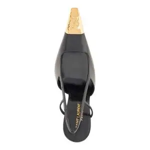 Saint Laurent Jeanne Nappa Leather Slingback Pumps With Gold Hammered Metal Toe - Black