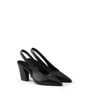 Prada Leather Slingback Pumps With Embossed Logo Detail - Black
