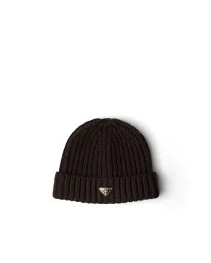 Prada Ribbed Knit Beanie With Enameled Triangle Logo - Brown