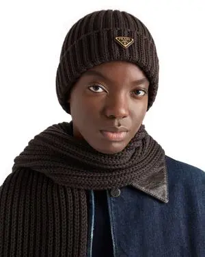 Prada Ribbed Knit Beanie With Enameled Triangle Logo