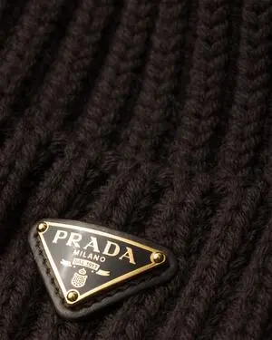 Prada Ribbed Knit Beanie With Enameled Triangle Logo