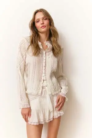 LoveShackFancy Aralina Silk Blouse With Lace Yoke And Blouson Sleeves - Ivory