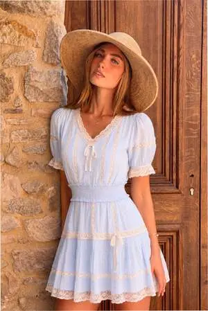 LoveShackFancy Devella Cotton Victorian Mini Dress - Chambray Sky