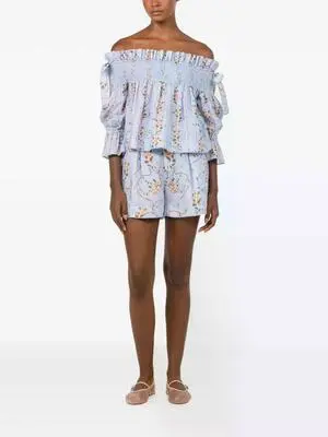 Agua Bendita Isla Navegante Floral-print Smocked Blouse - Blue