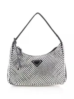 Prada Re-edition 2000 Crystal Embellished Satin Mini Hobo Bag - Black