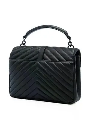 Saint Laurent 2016 Medium Chevron Sheepskin Monogram Monochrome College Bag Satchel - Black