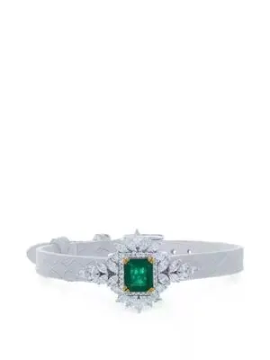 Yeprem Emerald And Diamond Stamped Leather Bracelet - Silver