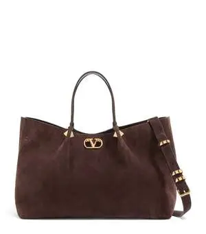 Valentino Garavani Large Suede Vlogo Signature Tote Bag - Brown