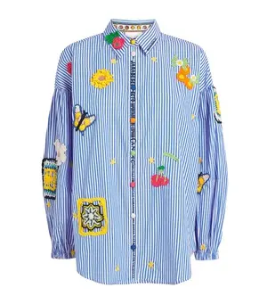 Camilla Cotton Striped Appliqué Shirt - Blue