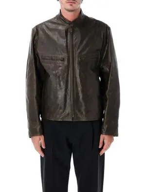 LEMAIRE Leather Zip-front Jacket With Stand Collar - Marrone