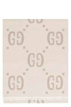 Gucci Wool & Silk Gg Logo Scarf With Fringed Edges, 35 X 190 Cm - Ivory