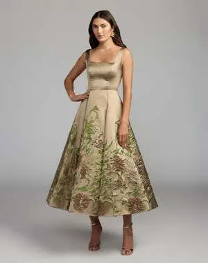 Mac Duggal Floral Brocade A-line Midi Dress