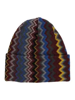 Missoni Brown Beanie With Turn-up Brim Zigzag Motif In Wool Blend For - Multicolor