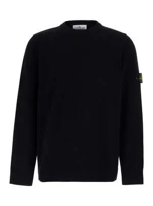 Stone Island Crewneck Sweater With Logo Patch On The Sleeve In Wool For - Black