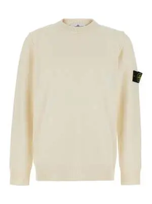 Stone Island Crewneck Sweater With Logo Patch On The Sleeve In Wool For - White