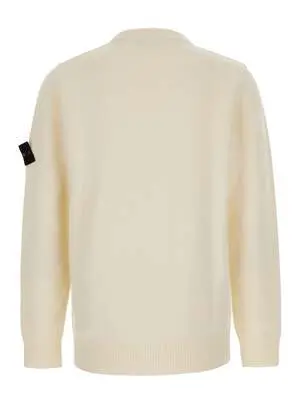 Stone Island Crewneck Wool Sweater With Logo Patch - White