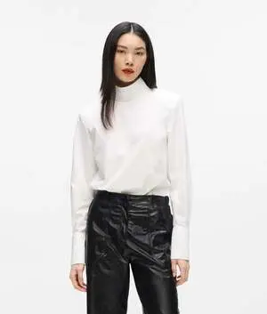 Karl Lagerfeld High Neck Blouse With Exaggerated Shoulders And Signature Cufflinks - White