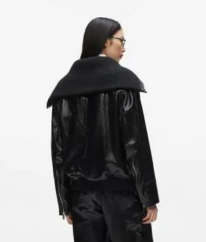 Karl Lagerfeld Knitted Collar Leather Jacket
