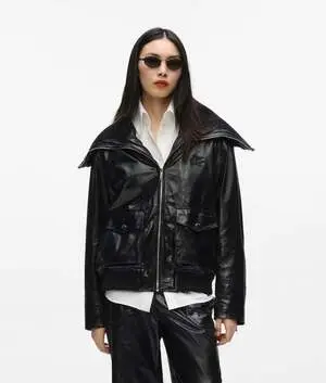 Karl Lagerfeld Knitted Collar Leather Jacket - Black