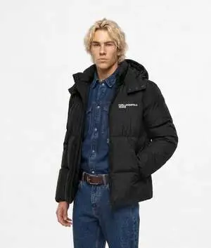 Karl Lagerfeld Recycled Polyester Hooded Puffer Jacket - Black