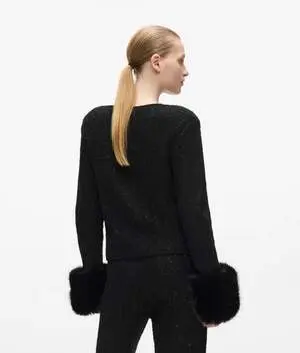 Karl Lagerfeld Faux-fur Trimmed Bouclé Knit Cardigan