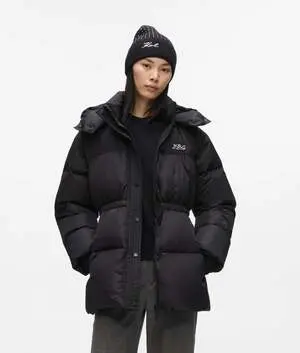 Karl Lagerfeld Cinched Midi Puffer Jacket - Black
