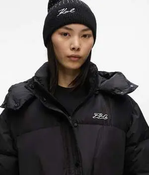Karl Lagerfeld Cinched Midi Puffer Jacket - Black