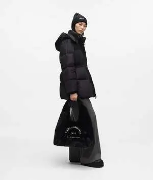 Karl Lagerfeld Cinched Midi Puffer Jacket - Black