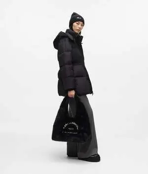 Karl Lagerfeld Cinched Midi Puffer Jacket - Black