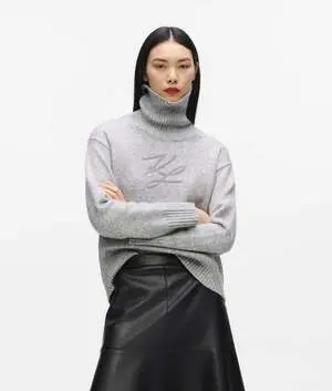 Karl Lagerfeld Turtleneck Sweater With Signature Embroidery - Light Grey Mel