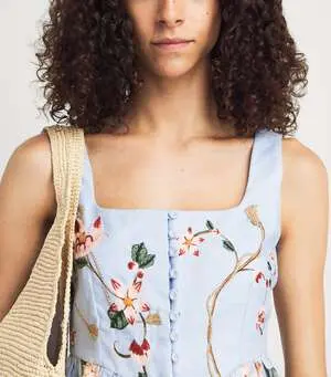 Agua Bendita Linen Floral Embroidered Peplum Corset Top