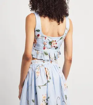 Agua Bendita Linen Floral Embroidered Peplum Corset Top