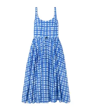 EMILIA WICKSTEAD Belted Pleated Checked Cotton-poplin Midi Dress - Blue