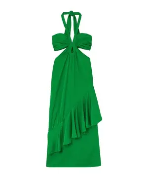 Johanna Ortiz Ruffled Cutout Satin-jacquard Halterneck Midi Dress - Green