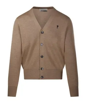 AMI Paris V-neck Cardigan With Embroidered Logo - Brown