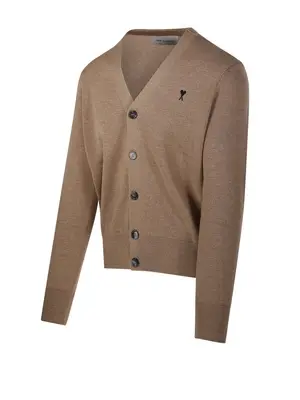 AMI Paris V-neck Cardigan With Embroidered Logo - Brown