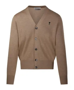 AMI Paris V-neck Cardigan With Embroidered Logo - Brown