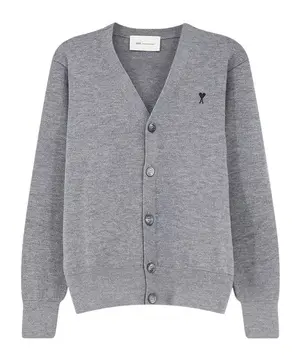AMI Paris V-neck Embroidered Cardigan - Grey