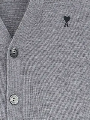 AMI Paris V-neck Embroidered Cardigan - Grey