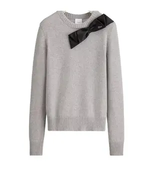 Dior Ribbed Knit Sweater With Satin Bow Detail - Grey