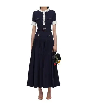 SELF-PORTRAIT Belted Floral-embellished Midi Dress - Navy