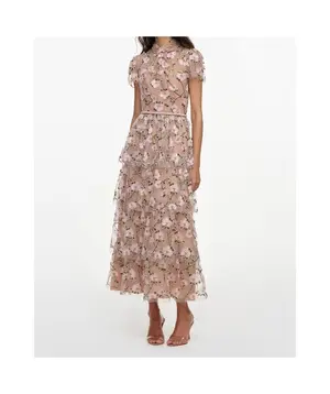 SELF-PORTRAIT Short Sleeve Embroidered Tiered Midi Dress