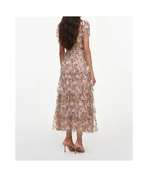 SELF-PORTRAIT Short Sleeve Embroidered Tiered Midi Dress