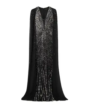 Jenny Packham Cape-effect Embellished Chiffon Gown - Black