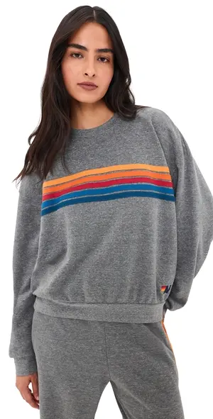 Aviator Nation 5 Stripe Relaxed Crew Sweatshirt - Heather Grey