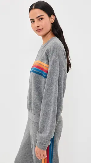Aviator Nation 5 Stripe Relaxed Crew Sweatshirt - Heather Grey