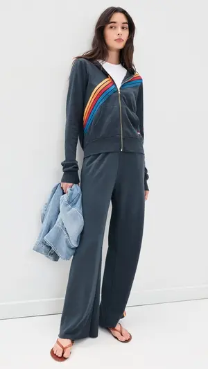 Aviator Nation Wide Leg Sweatpants With Rainbow Stripes - Charcoal